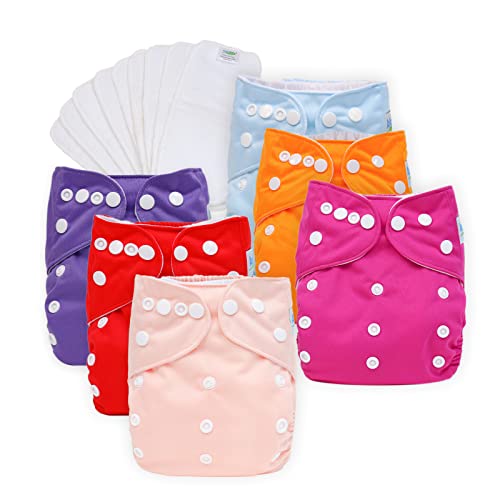 AnAnBaby Reusable Cloth Diapers for Babys, One Size Adjustable Washable Pocket Nappy Covers 6 Pack with 9pcs Microfiber Inserts for Toddler Boys & Girls