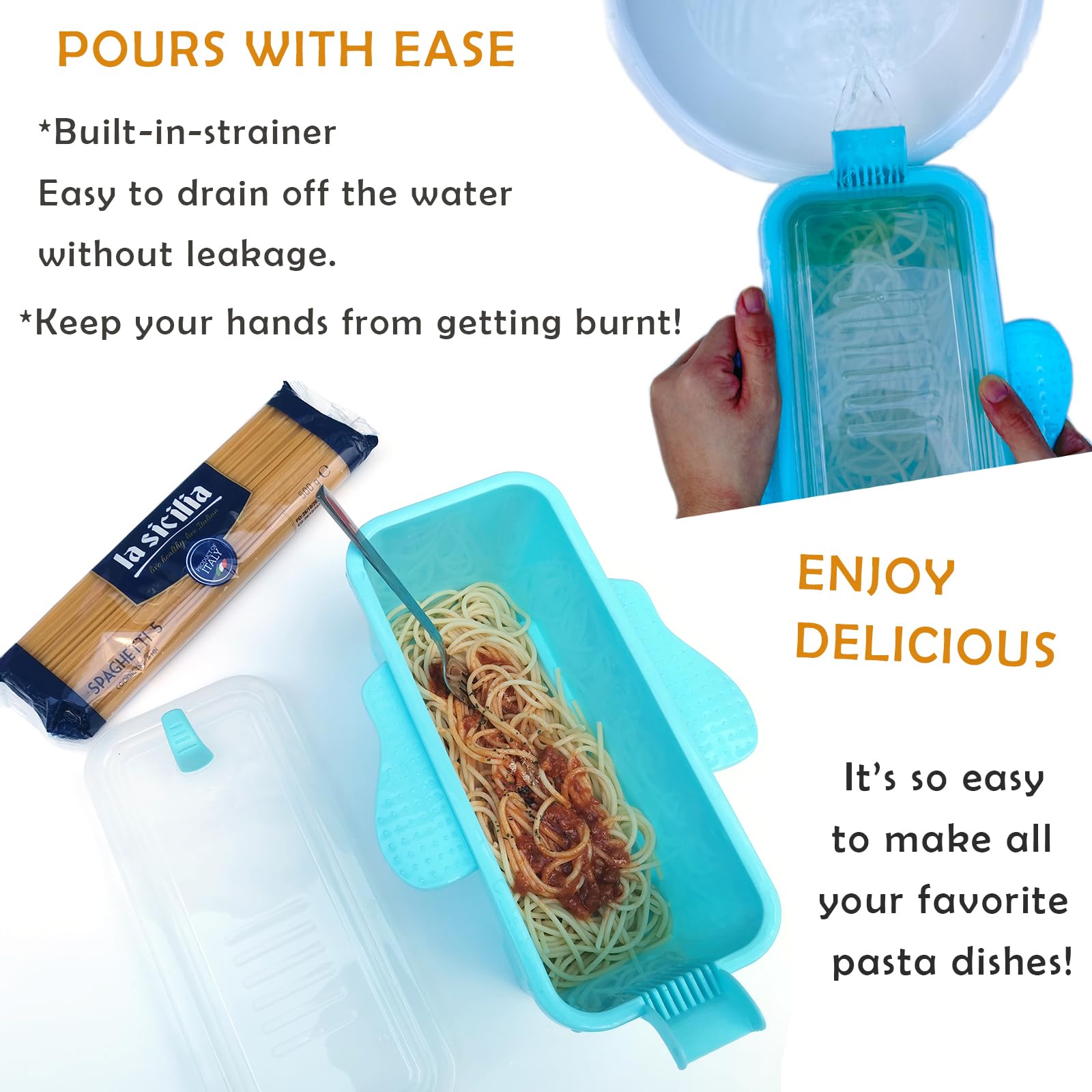 2000ML / 68OZ Microwave Pasta Container Cooker, Noodles Cooker with Strainer. Quickly Cooks up to 4 Servings Pasta, Cute Elephant-Shaped Multifunctional Cooker for Dorms, Kitchens or Offices.(Blue)
