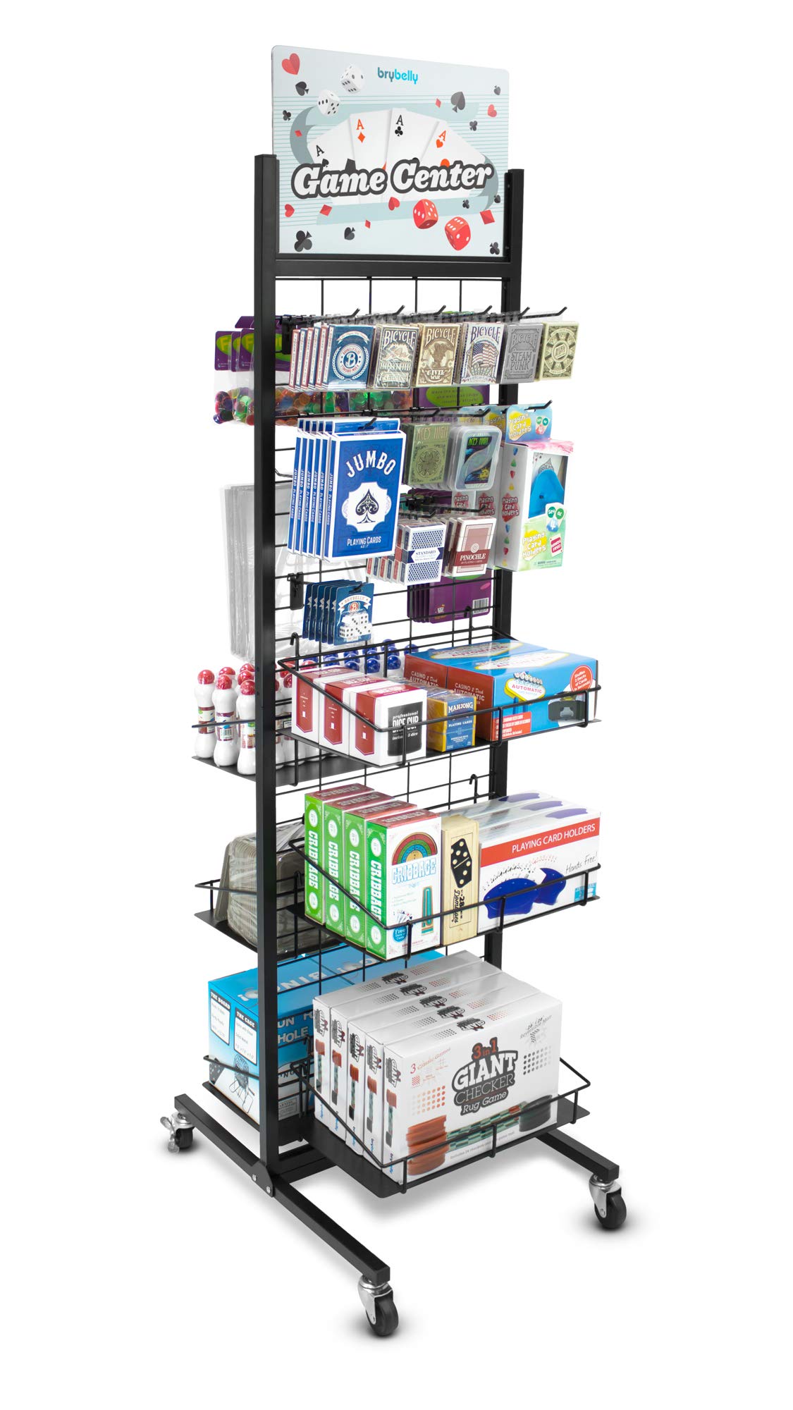 Brybelly Rolling Retail Display Merchandising Rack Store Fixture, 66" Tall x 28" Footprint, Includes 50 Peg Hooks and 4 Shelves