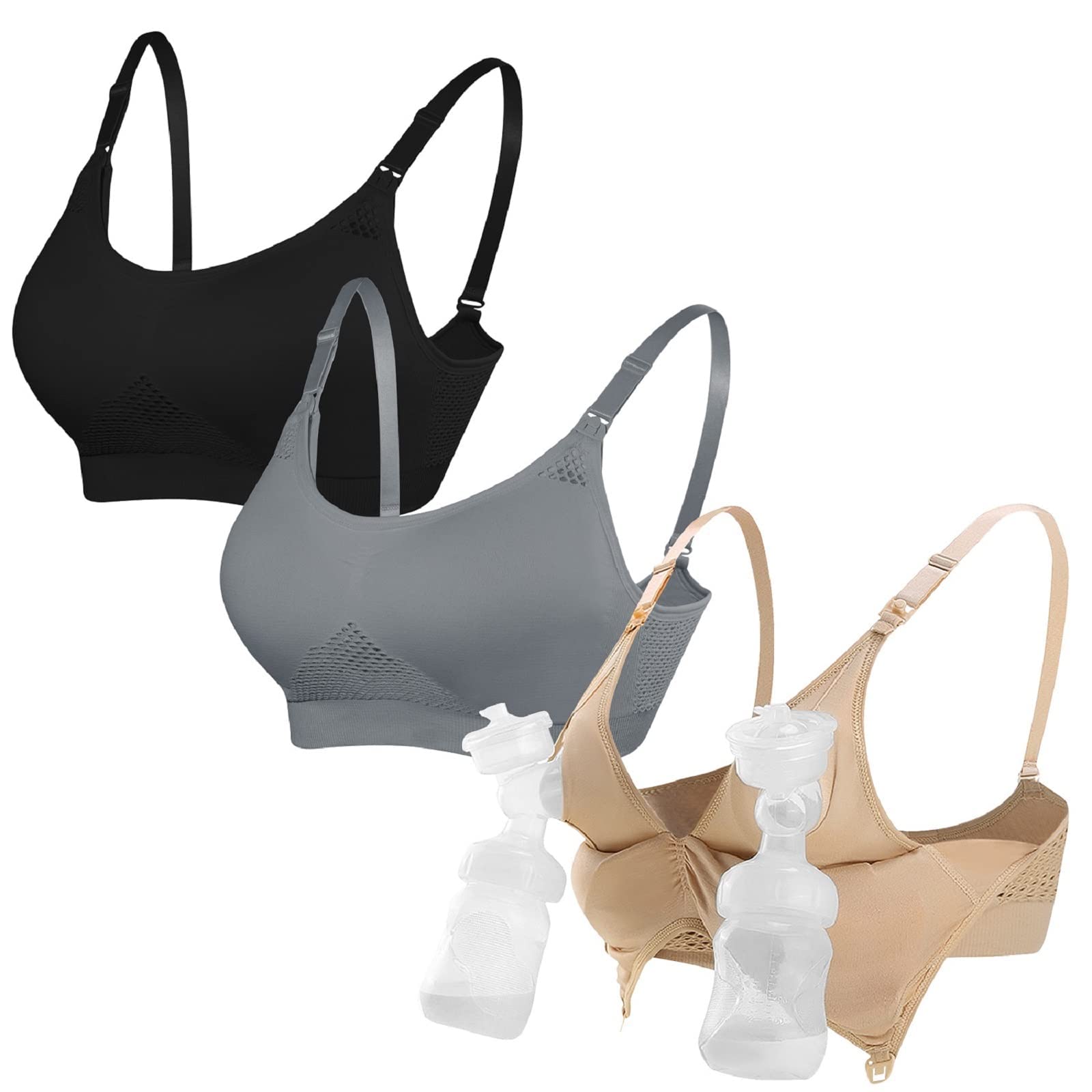 4HOW Hands Free Pumping Bra Pumping Sports Sleeping Bra for Breastfeeding Black Nude Grey Large