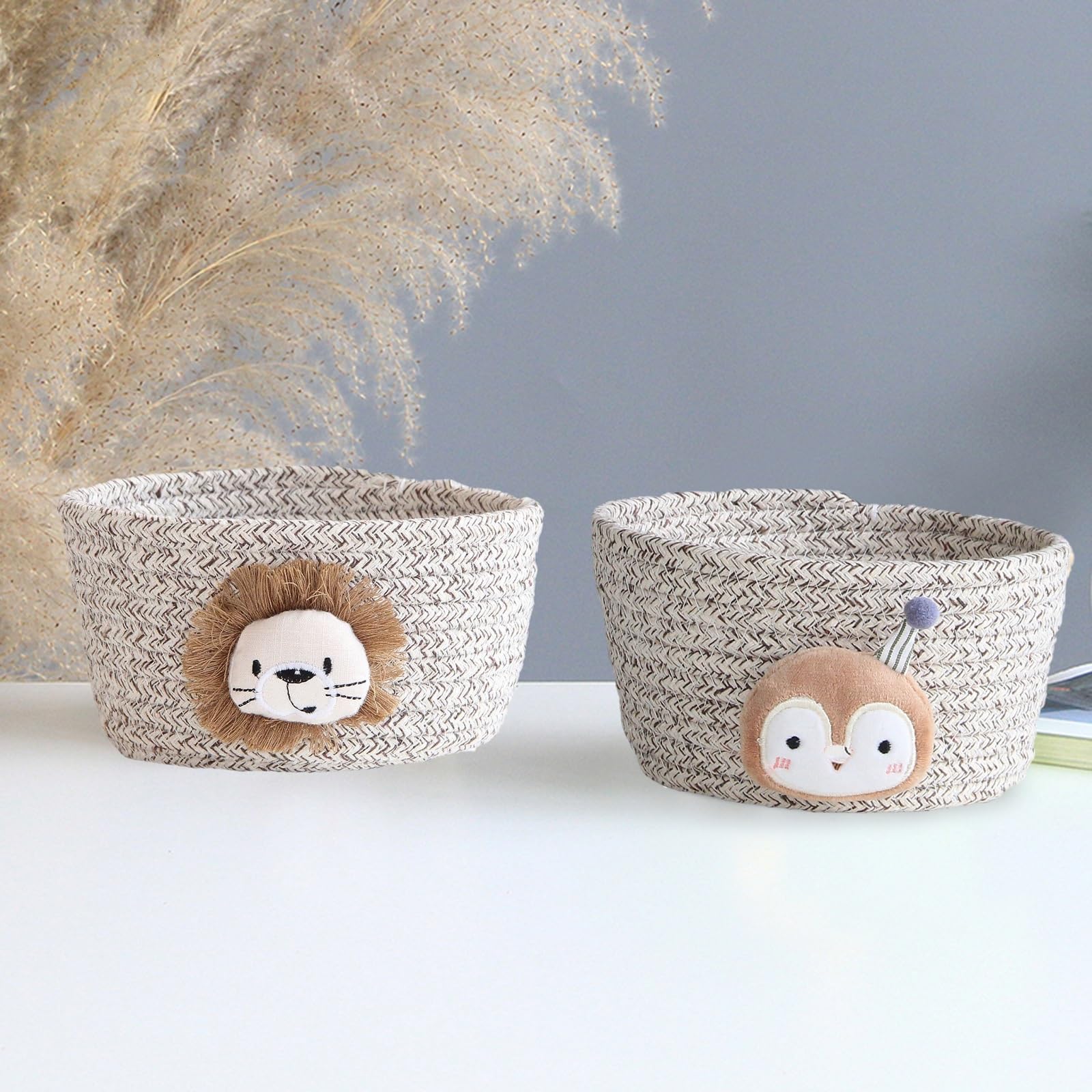 2 Pcs Small Woven Basket Mini Cotton Rope Storage Basket Rabbit Lion Toy Basket Cute Mini Tiny Storage Baskets for Nursery Room Bedroom Living Room Organizing