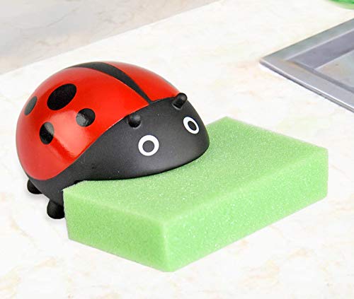 HOME-X Ladybug Sponge Holder with 3 Sponges, Kitchen Sink Accessories 4" L x 3" W x 2" H