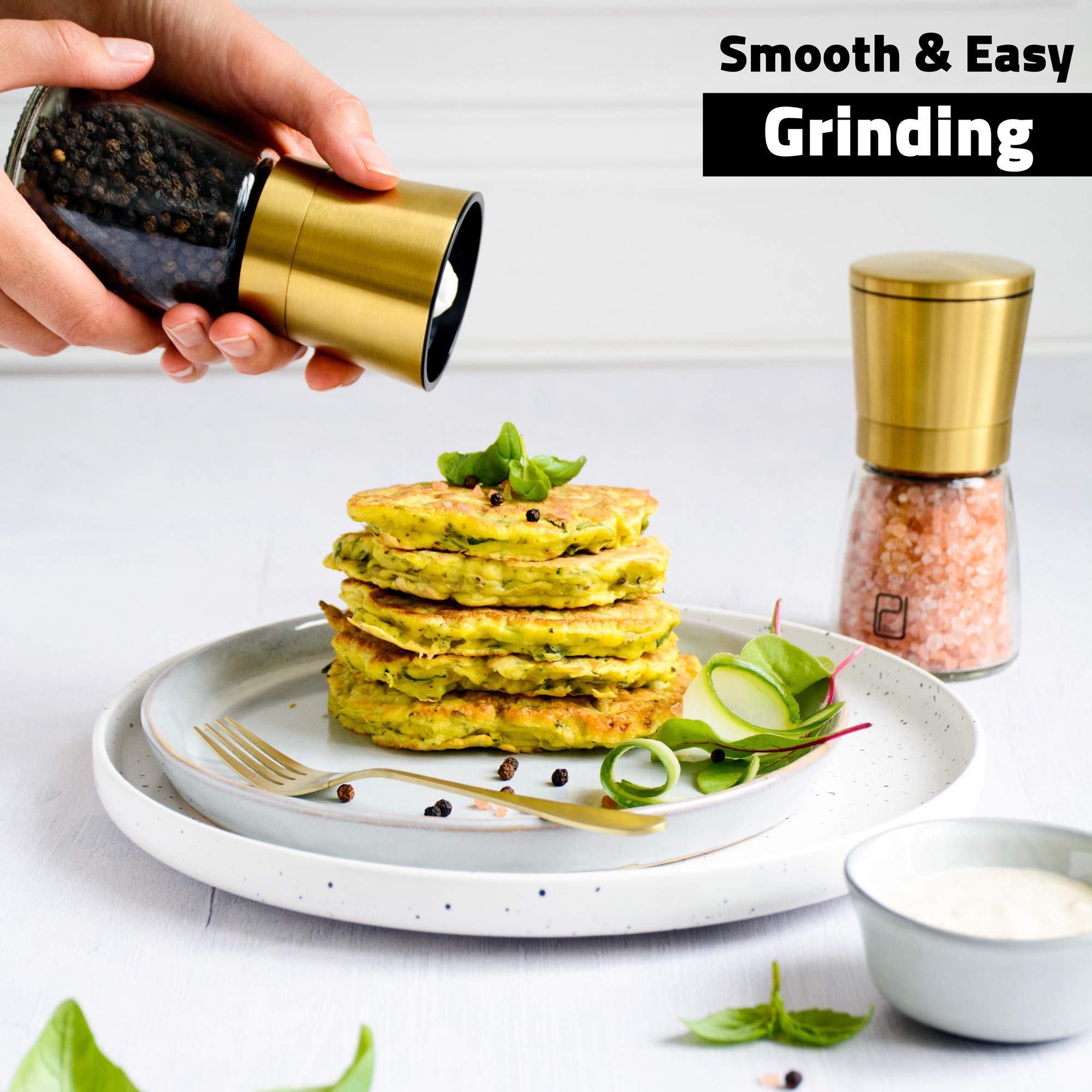 Grinder Set - Golden Salt and Pepper Shaker Mill - Brass Pepper Grinders Refillable - Adjustable Coarseness - Sea Salt, Black Peppercorn
