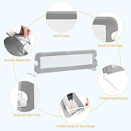 BABY JOY Double Sided Bed Rail Guard, 2 Pack, Extra Long, Swing Down for Convertible Crib, Folding Baby Safety Bedrail for Kids Twin Full Size Queen King Mattress, Rails for Toddlers (Gray, 59-Inch)