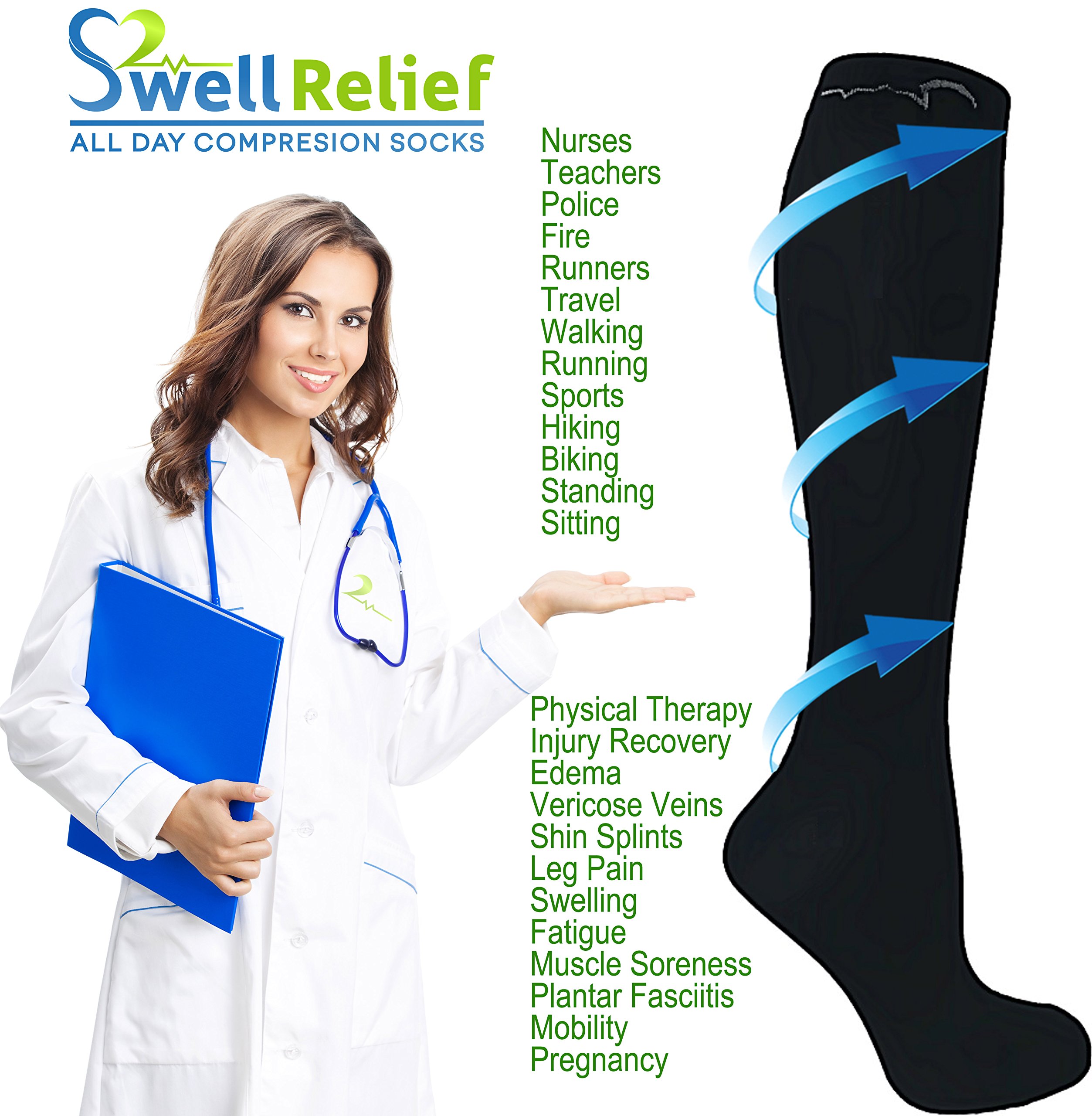 2 Pair Navy Blue Small/Medium Ladies Compression Socks, Moderate/Medium Compression 15-20 mmHg. Therapeutic, Occupational, Travel & Flight Knee-High Socks. Womens and Mens Hosiery.