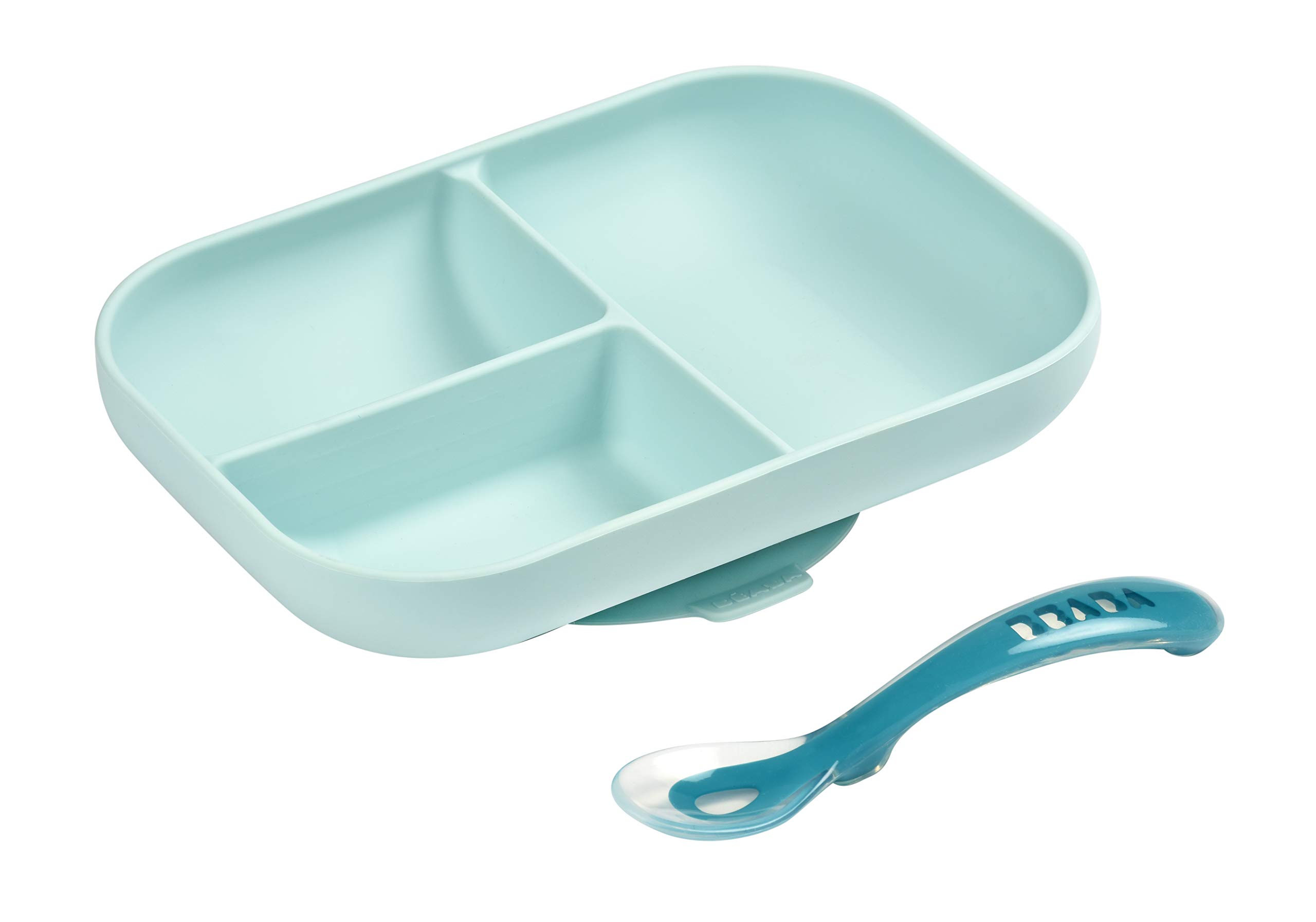 BEABA Silicone Suction Plates for Baby, Made with High Grade Food Safe Silicone, Soft Durable Toddler Dishes, Baby Plates with Suction Bottom, Rain