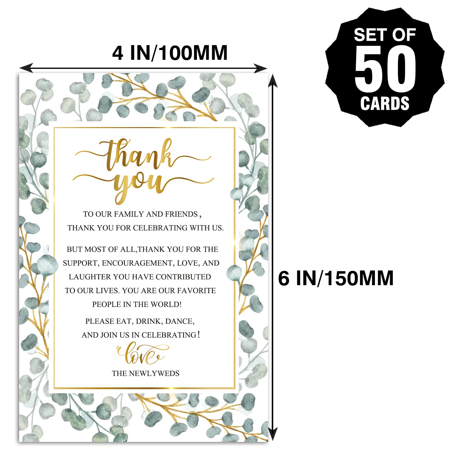 50 Thank You Place Cards - Greenery Watercolor Wedding, Rehearsal Dinner Thank You Table Sign - Menu Place Setting Card Notes, Wedding Table Decorations. 4 x 6 Inch