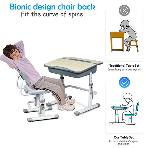 BABY JOY Kids Desk and Chair Set, Height Adjustable, Children's Study Table with Large Storage Space, Ergonomic Winged Backrest Chair, Student School Desk Set Great Gift for Ages 3 to 14 (Gray)