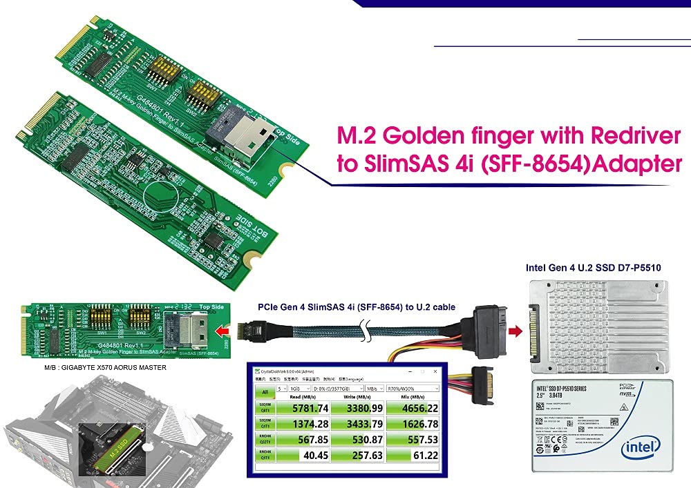 Micro SATA Cables|M.2 M-Key PCIe Gen4 to SlimSAS 4i (SFF-8654) Adapter with ReDriver for High-Speed Data Transfer
