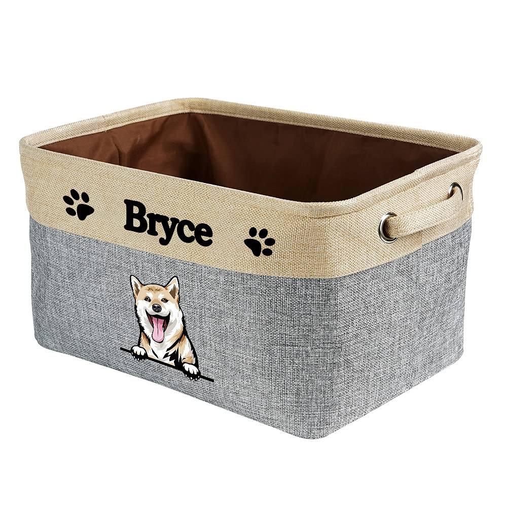 MALIHONG Personalized Foldable Storage Basket with Cute Dog Shiba Inu Collapsible Sturdy Fabric Pet Toys Storage Bin Cube with Handles for Organizing Shelf Home Closet, Grey and White