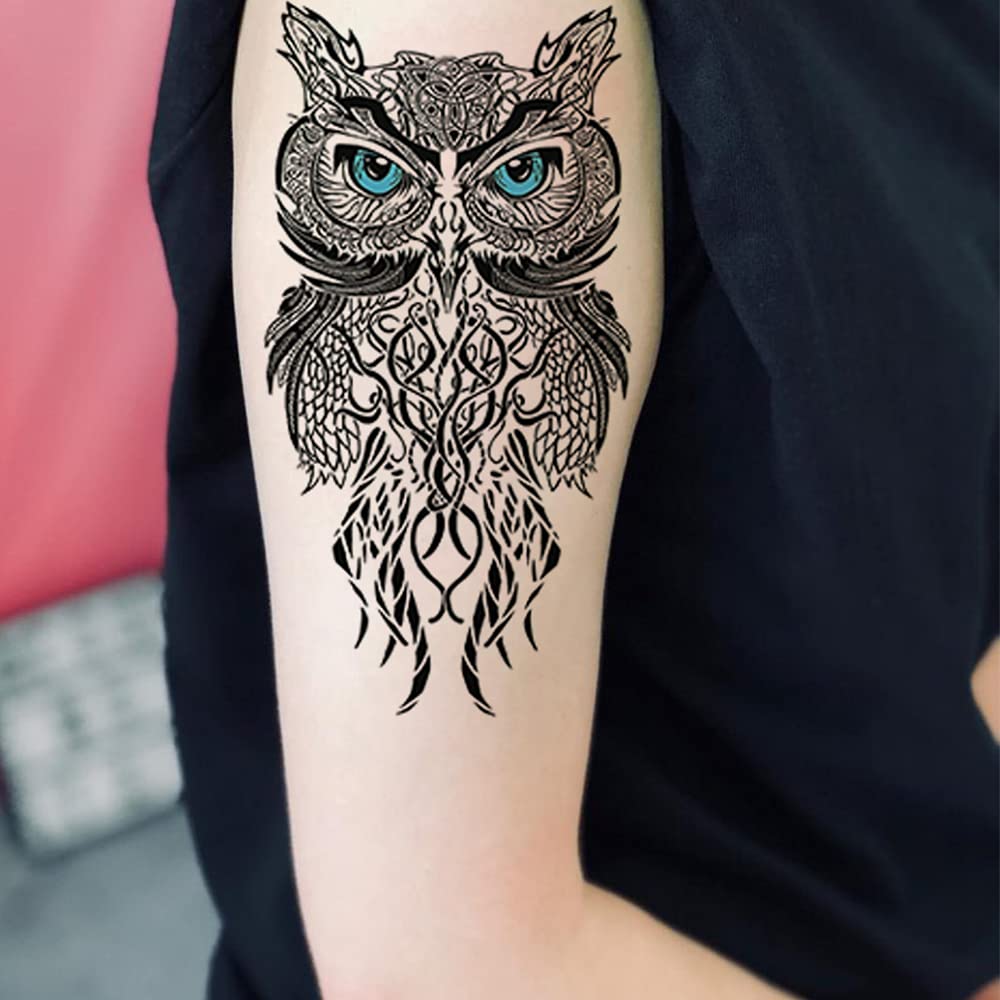 20 Sheets Large Owl Temporary Tattoos for Men Women, Realistic Owl Temporary Tattoo Stickers for Adults 3D Fake Wolf Lion Dragon Totem Animals Tatoos