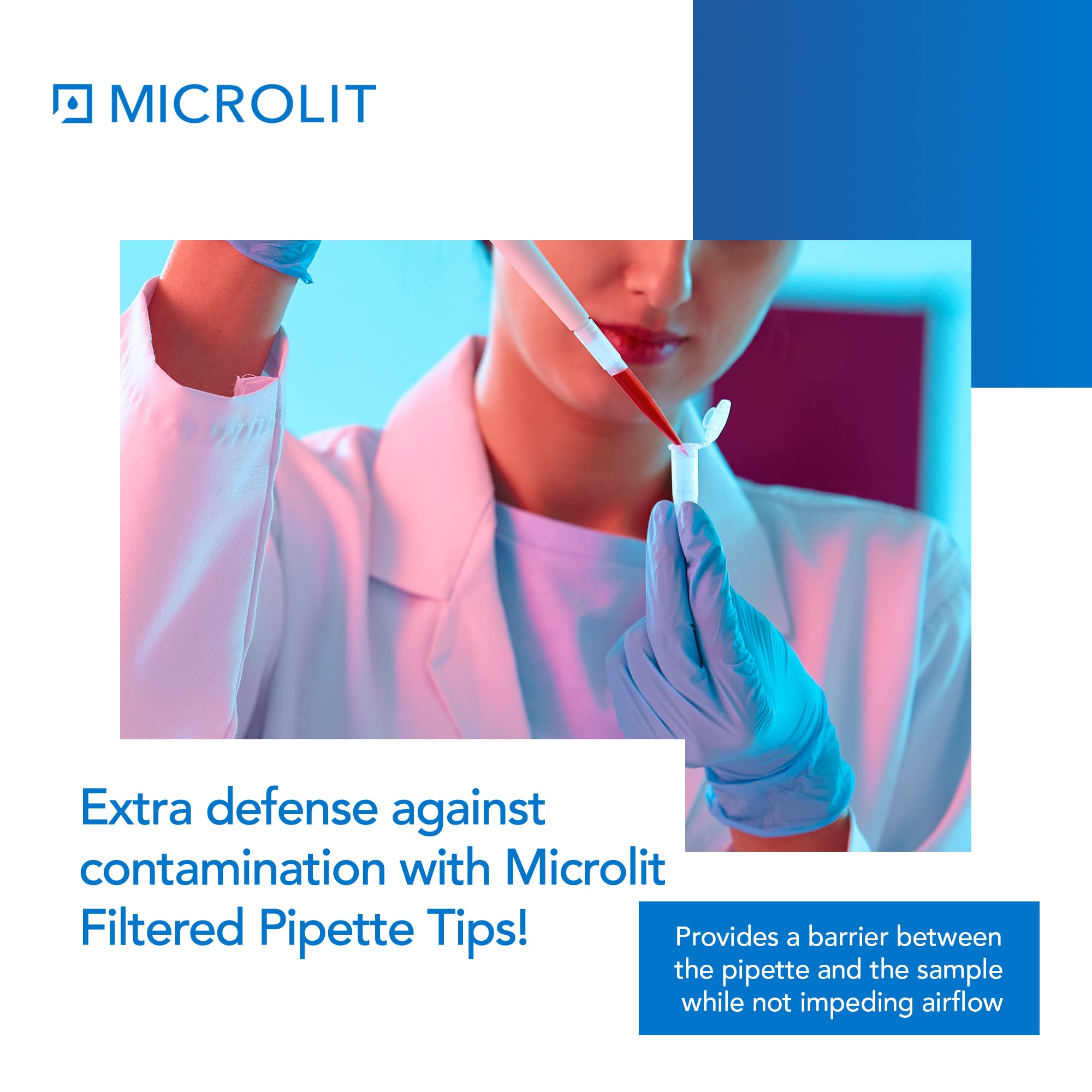 MICROLIT - Filtered Micropipette Pipette Tips, Low-Retention and Clean-Release Hydrophobic Transfer Pipette Tips, Universal Fit 1000 ul Pipette Tips, 480-Count Plastic Pipette Tips, 1 Pack of 5 Racks
