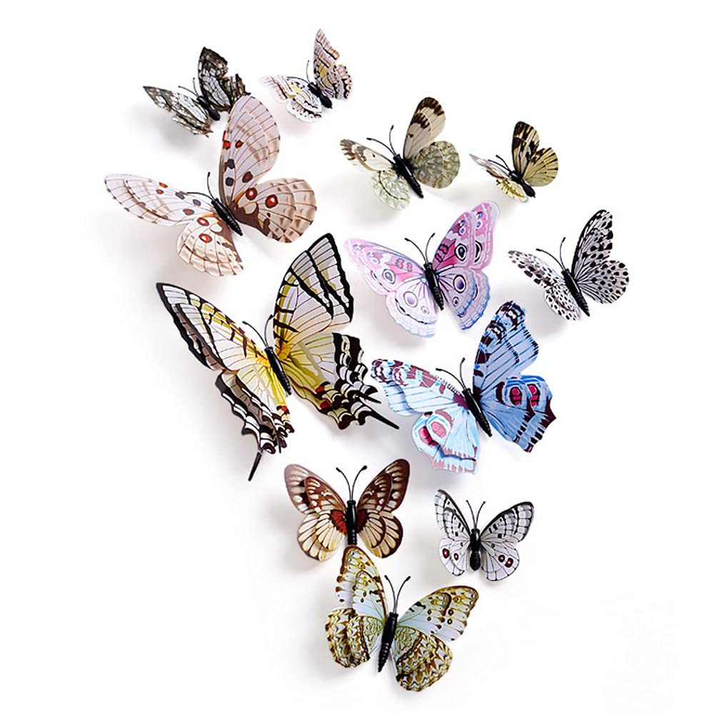 NC 3D Double Layer Butterfly Wall Decor Removable Butterfly Stickers DIY Decorative Wall Art Crafts for Children Room Decor 12pcs(White)