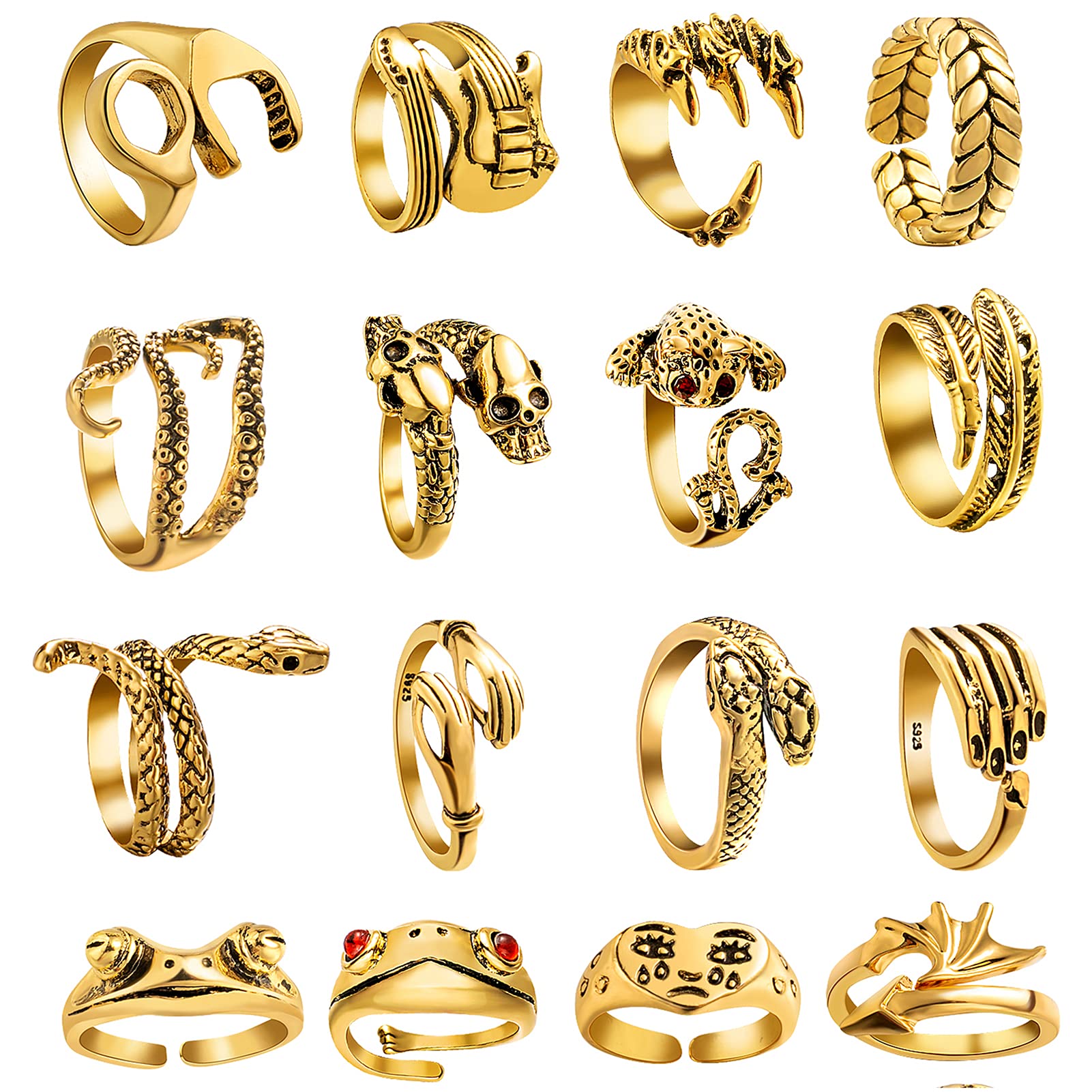 16 Pcs Vintage Frog/Dragon/eagle Open Rings for Women Knuckle Stacking Ring Set Snake Punk Ring Boho Animal Gothic Hug Finger Rings Adjustable (Gold)