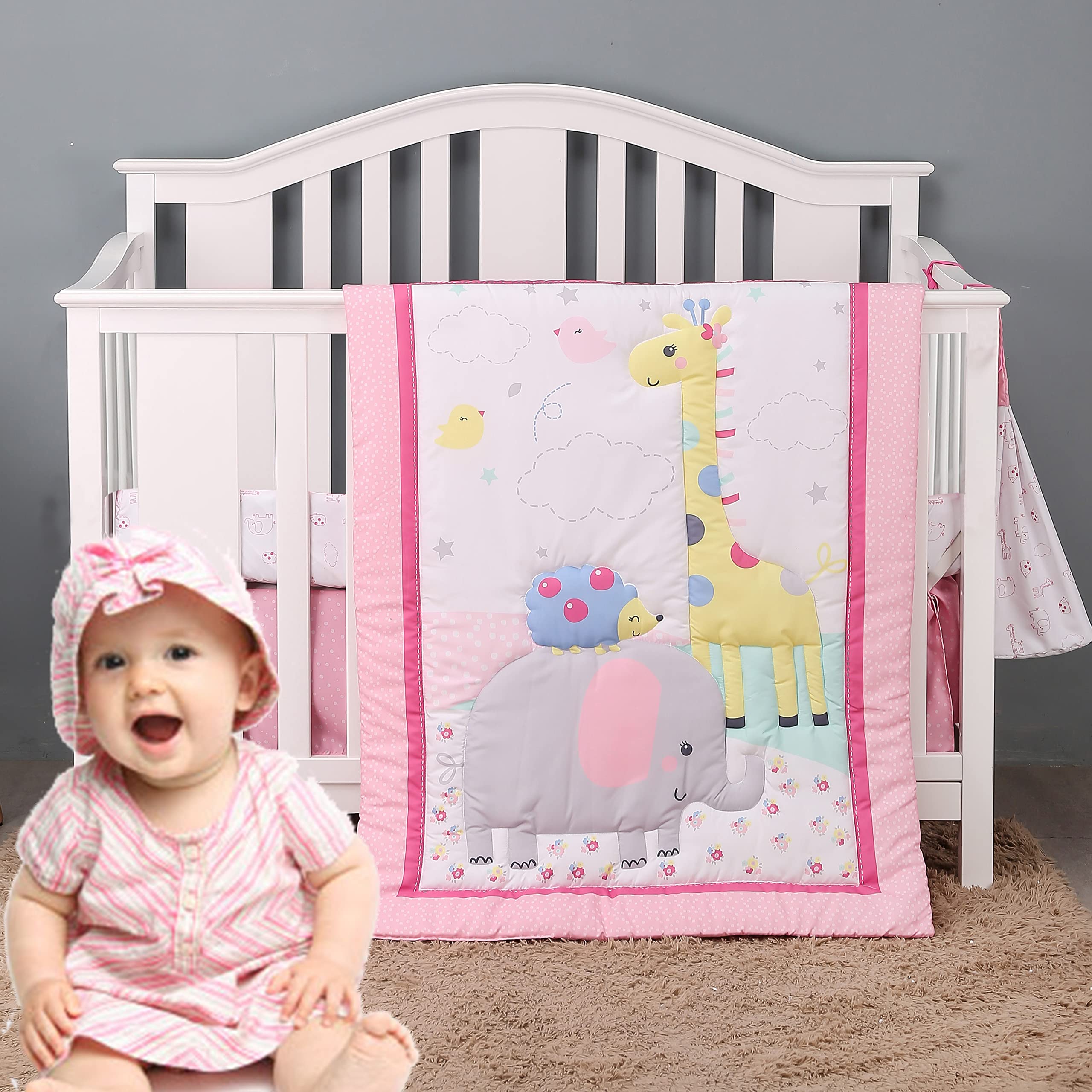 Brandream Baby Crib Bedding Set for Girl Boy Elephant Nursery Bedding with Comforter Fitted Sheet Bed Skirt Diaper Stacker Jungle Animal Elephant Giraffe Bird Design, 4 Piece