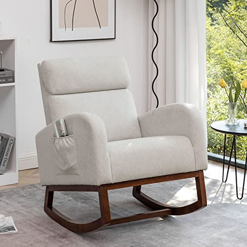 Andeworld Rocking Chair Nursery,Living Room Accent Glider Chair,Upholstered High-Back Armchair for Baby Nursery,Faux Suede Comfy Side Chair for Living Room,Bedroom,Beige