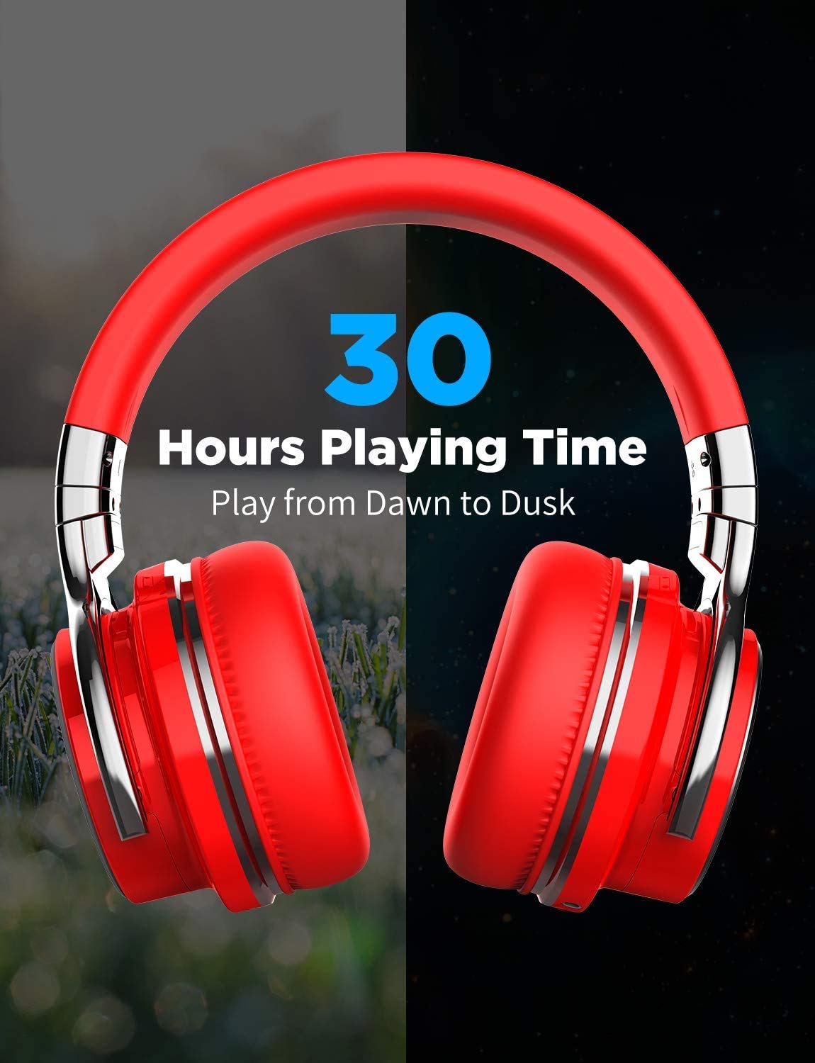 meidongg Active Noise Cancelling Headphones Bluetooth Headphones with Microphone Deep Bass Wireless Headphones Over Ear, Comfortable Protein Earpads, 30 Hours Playtime for TravelWork (Red)