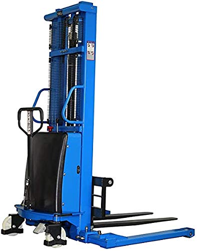 DoubleWin Semi-Electric Straddle Stacker Powered High Lift Pallet Stacker Forklift Truck with Adjustable Fork, 3300 lbs Capacity, 118" MAX Lifting Height, 42" Length X 8.3"-32.7" Adjustable Width Fork