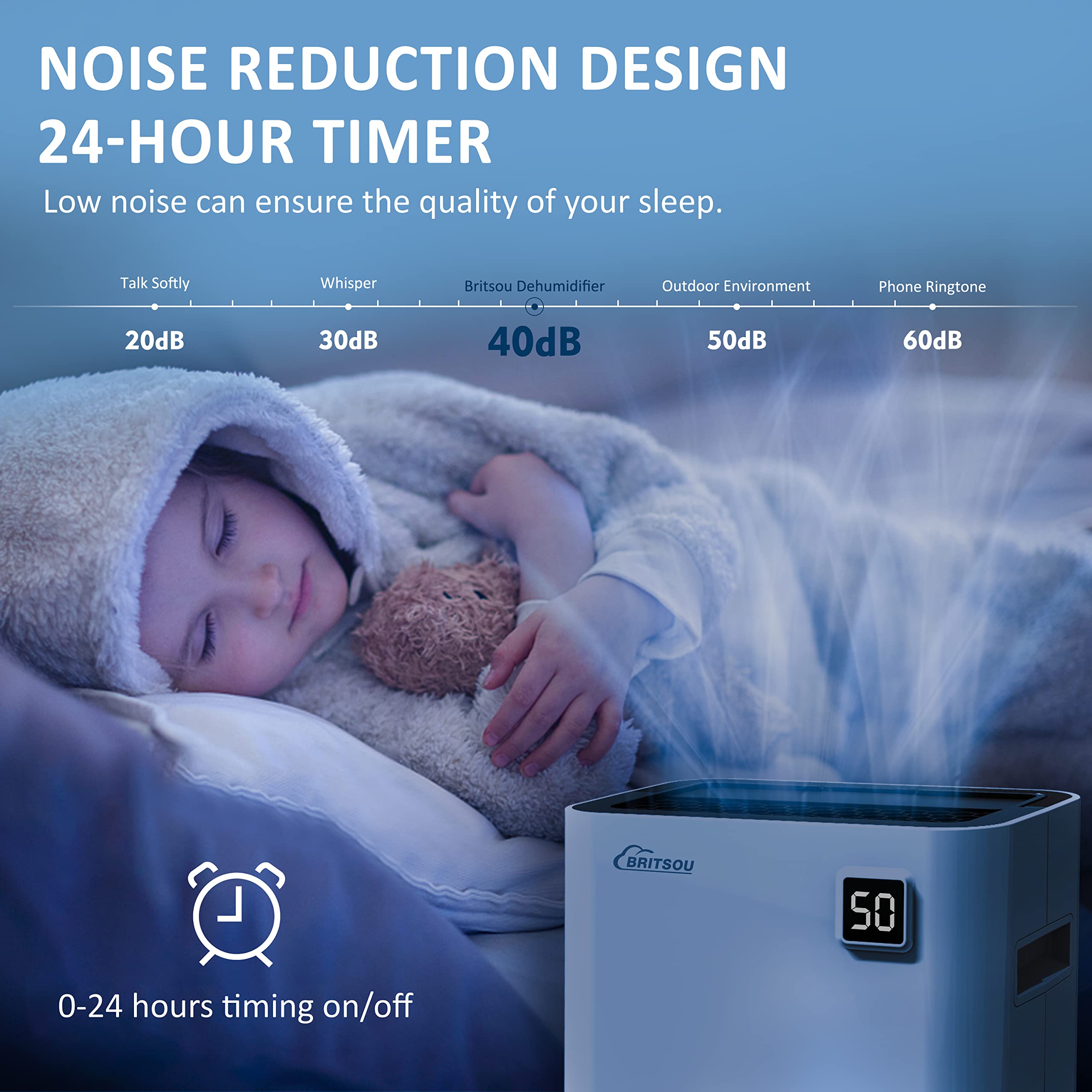 50 Pints Dehumidifier for Basement, Britsou Dehumidifiers for Home with Drain Hose - Quiet Smart Dehumidifier with 3 Modes, 24 Hr Timer - Ideal for Home Bedroom, Bathroom