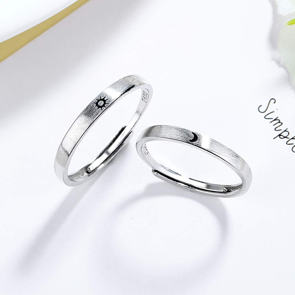 2 Pcs Sun Moon Couple Rings for Women Men Adjustable Couple Matching Promise Engagement Wedding Ring Set Simple Love Friendship Band Rings Gift Jewelry (Silver1:2 Pcs)