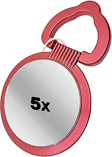 Double Sided Magnifying Mirror - Vanity Round Makeup Mirror with 1x and 5x Magnification - Mirror Stand with Adjustable Handle - Light, Compact Mirror - Portable, Standing Mirror for Travel (Red)