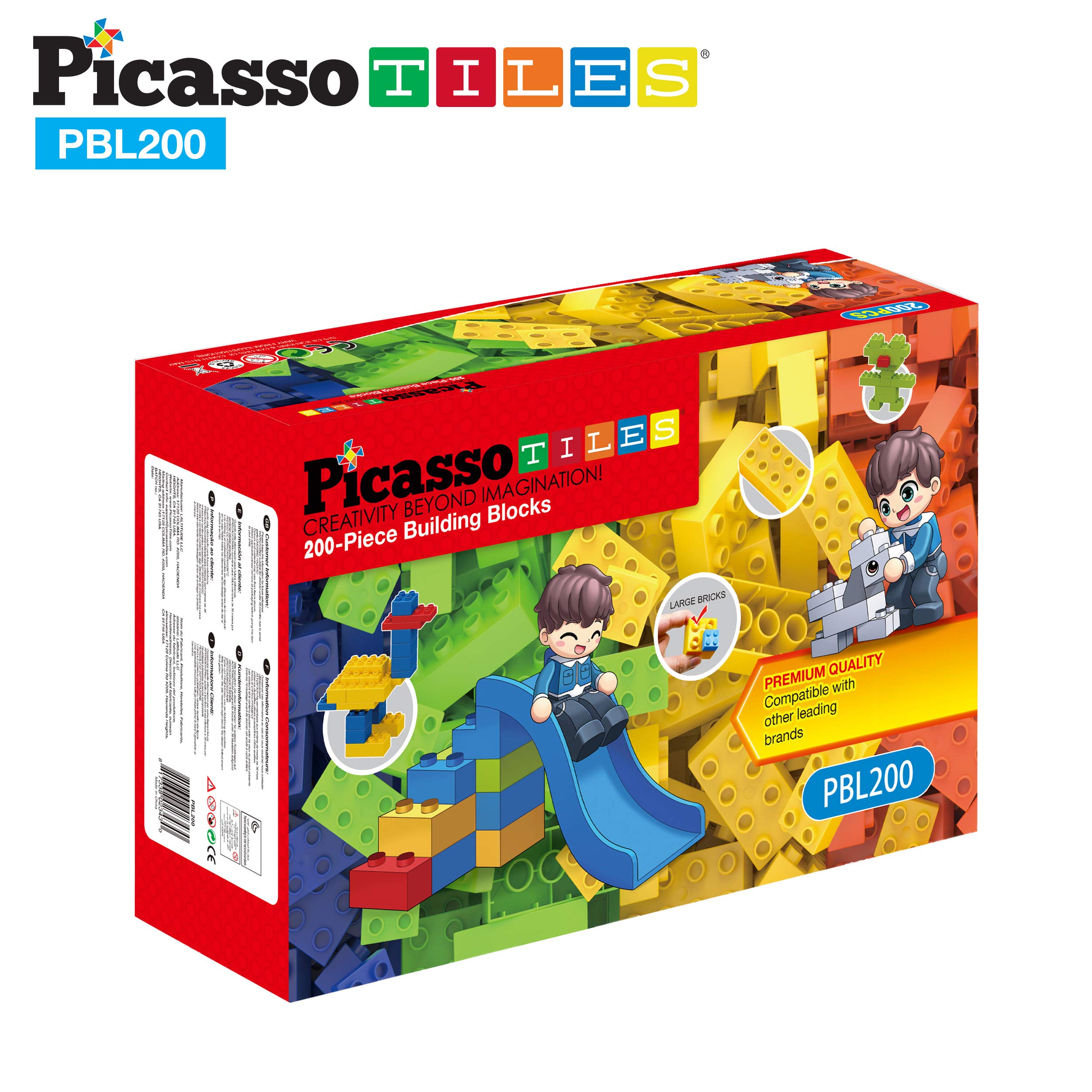 PicassoTiles 200 Piece Large Construction Brick Building Blocks STEM Bricks Toy Set Creative Learning Early Education Playset 5 Colors 4 Unique Shapes Mix & Match Toys for Kids Boys Girls Child Age 3+