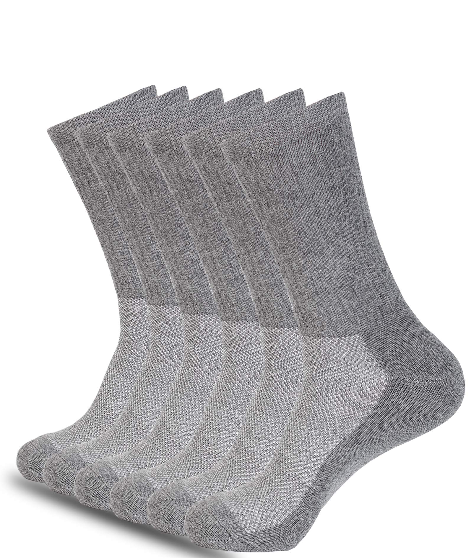 1SOCK2SOCK 6 Pack Performance Cotton Cushion Crew Athletic Sport Socks Moisture Wicking Arch Support Band Grey