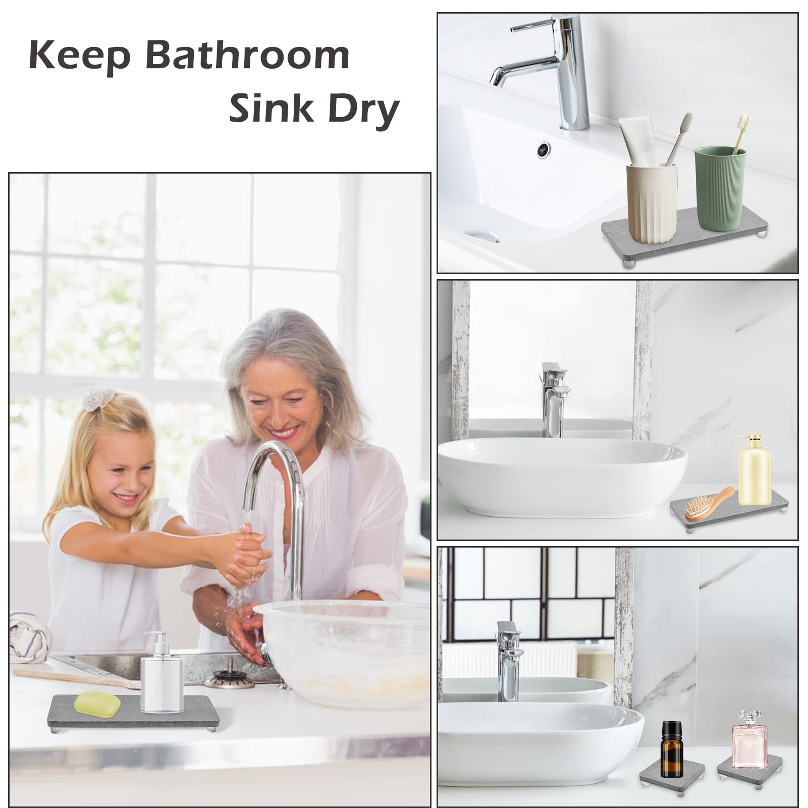 4 Pack Water Absorbent Diatomite Coasters, Instant Dry Sink Organizer Water Absorbing Stone Tray Diatomaceous Earth Soap Dish Toothbrush Holder Stone Drying Mat for Bathroom Kitchen Sink Countertop