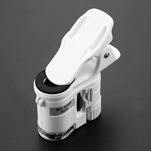 LED UV Light Magnifying Glass Mini Mobile Phone Microscope, Cell Phone Clip On Microscope, 9595W 60X Jewelry and Antique Evaluating for Currency Detecting
