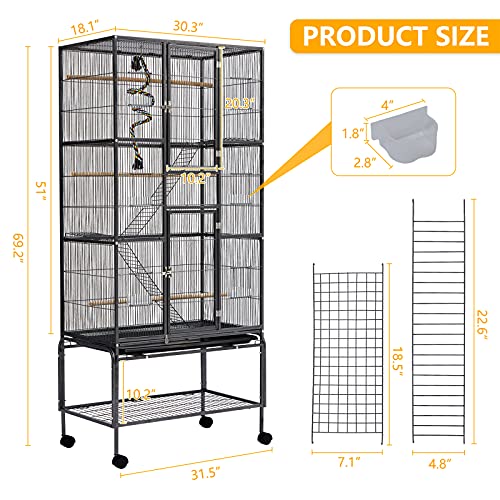 70ββ Big Bird Cage Wrought Iron Large Bird Cage with Rolling Stand for Parrots Conures Lovebird Cockatiel Parakeets, Black