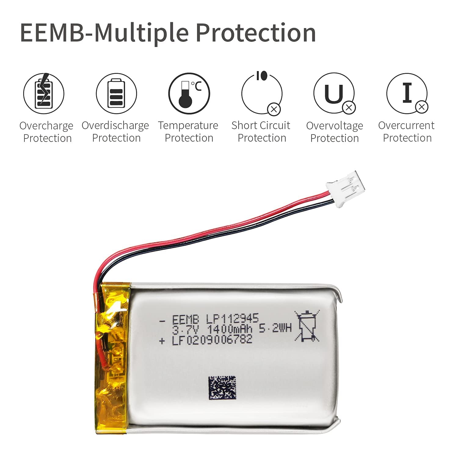 EEMB 3.7V Lipo Battery 1400mAh 112945 Lithium Polymer ion Battery Rechargeable Lithium ion Polymer Battery with JST Connector Make Sure Device Polarity Matches with Battery Before Purchase!!!