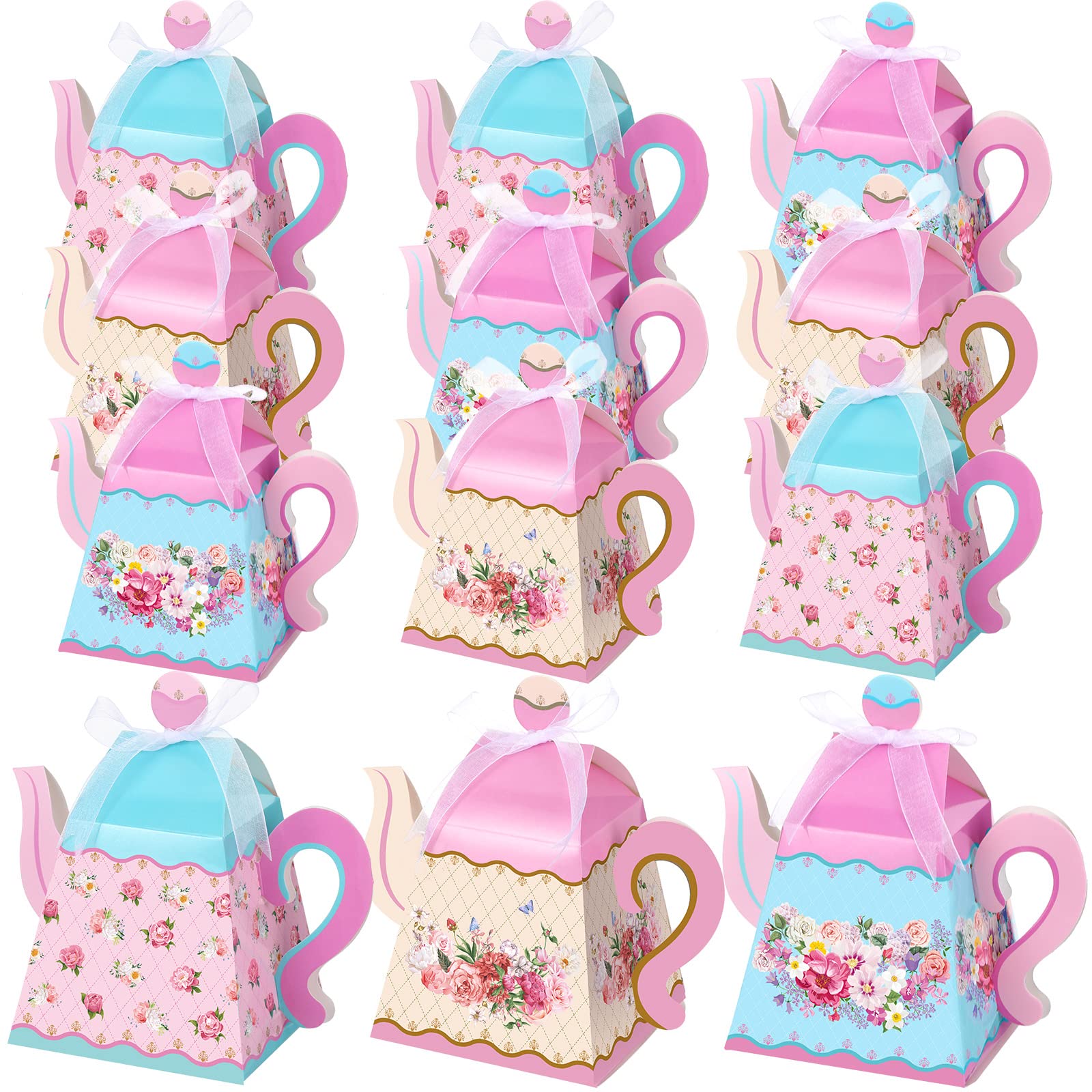 24 Pcs Floral Tea Party Favor Box Large Flower Teapot Gift Box Vintage Floral Pink Blue Teapot Box Tea Party Birthday Decorations Baby Shower Tea Party Supplies for Tea Garden