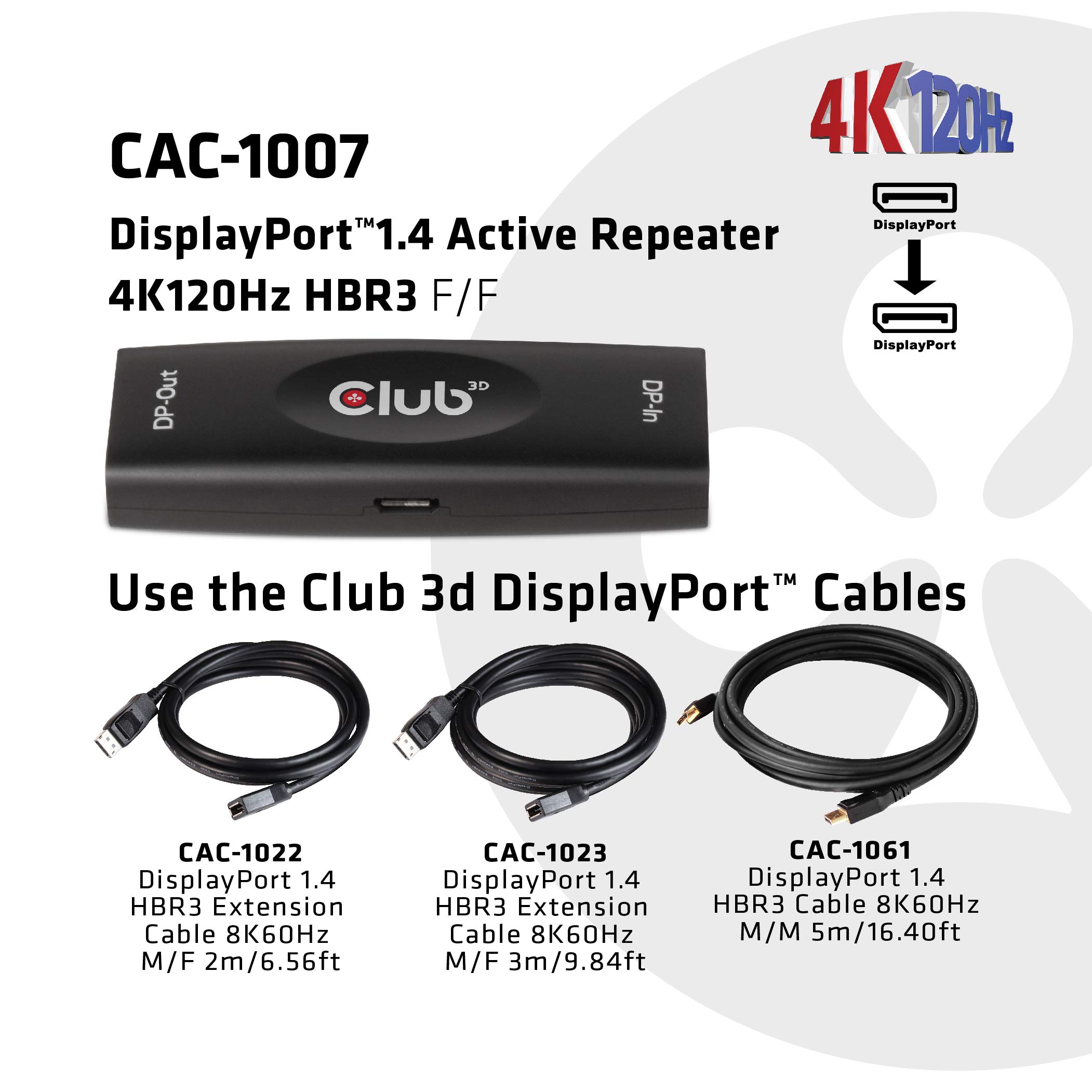 Club 3D DisplayPort 1.4 Active Repeater 4K120Hz HBR3 F/F - 65.62 ft Maximum Operating Distance - DisplayPort - USB,CAC-1007