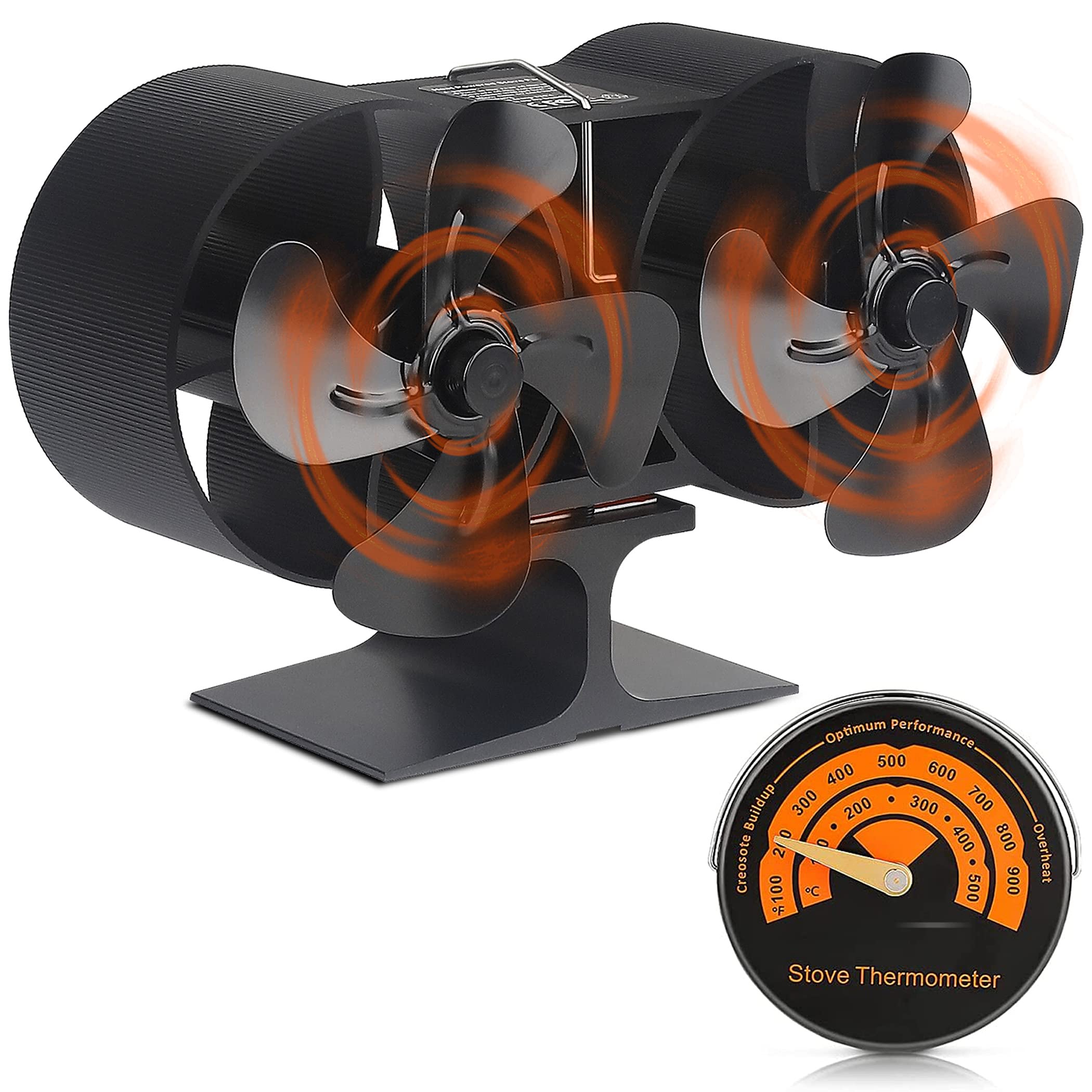 BAISHARK Wood Stove Fan, Heat Powered Stove Fan, Fireplace Fan with Magnetic Surface Thermometer, Eco Stove Fan for Wood Burner/Burning/Log Burning, Double Motors, 8 Blades