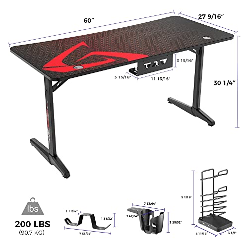 It's_Organized Gaming Desk, 60 Inch Computer Desk Carbon Fiber Surface Gamer Desk with Free Mouse pad, T-Shaped Professional Gaming Table with USB Gaming Rack, Cup Holder & Headphone Hooks, (Black)