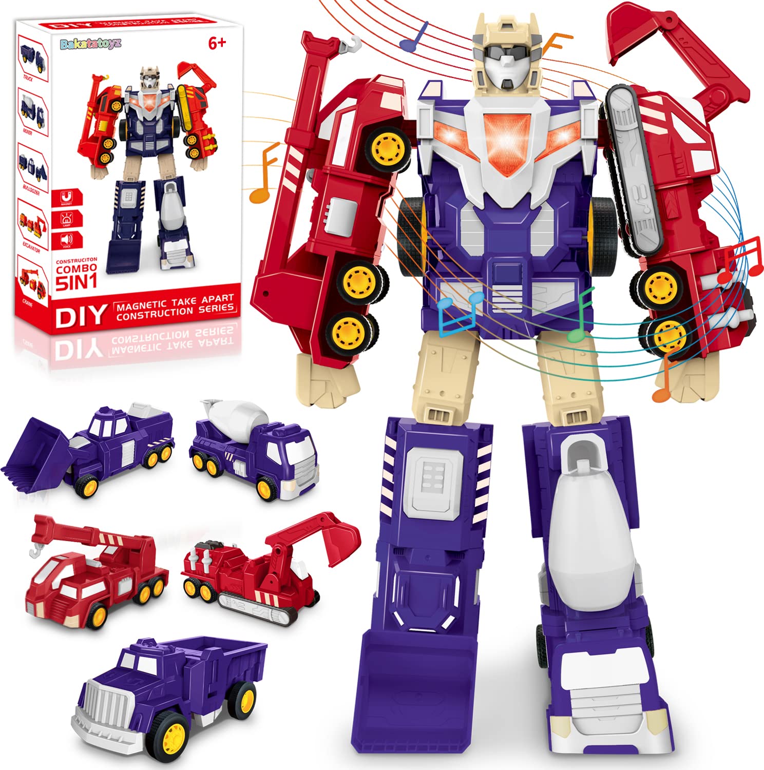 Bakatatoyz 5 in 1 Transform Robot Toy Car, Construction Toy for Boy Toddler Kid, 5 Pull Back Truck Assemble Into Robot Action Figure with Light & Sound, Magnetic Take Apart STEM Toys Birthday Gift