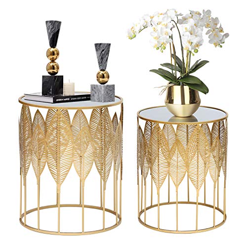 Homebeez End Tables Set of 2, Gold Nesting Side Coffee Table Decorative Round Nightstands (Stainless Steel Top)