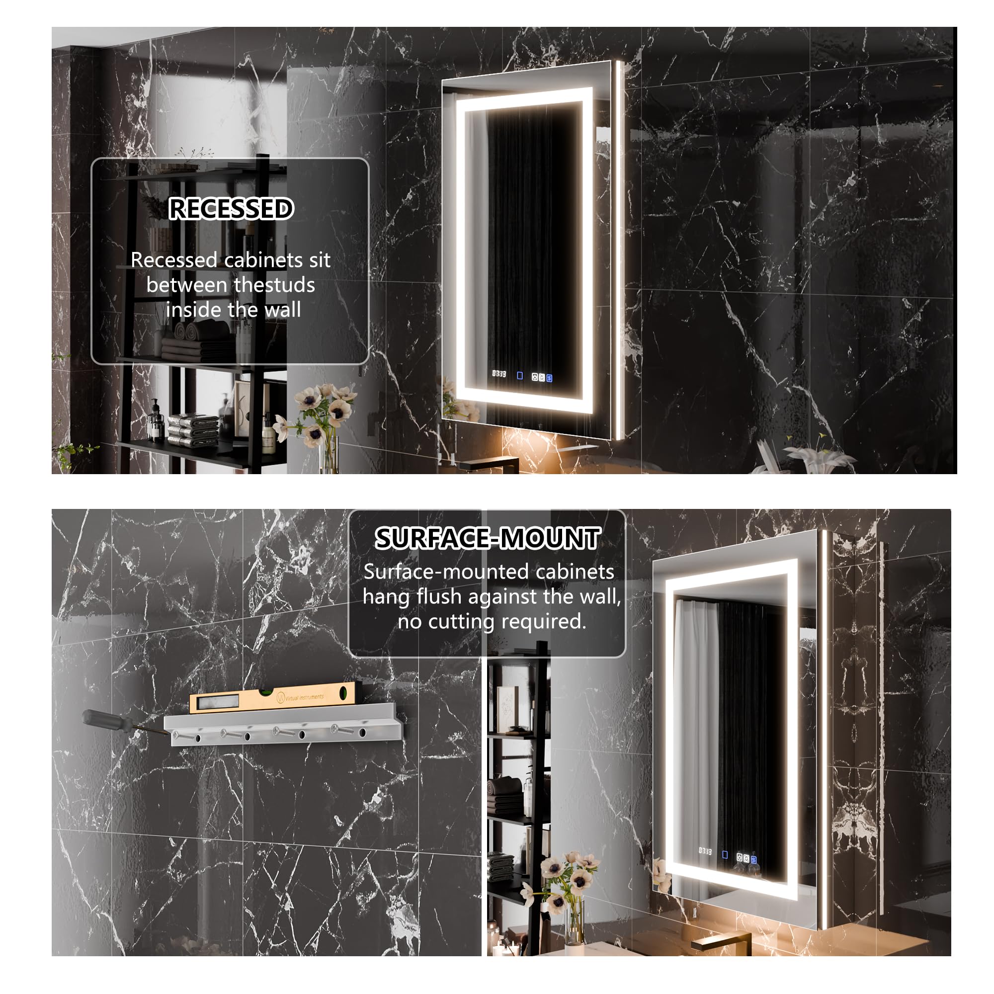 24 x 36 Lighted Medicine Cabinet with Mirror, Front & Backlit led Medicine Cabinet, Clock Temp Display, Defog,10x Magnifier, 3 Colors Temper Dimmable, Surface or Recessed Mount, Hinge on The Right