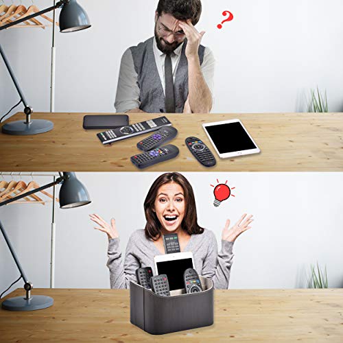LUXSUN Remote Control Holder, Large Capacity Leather Remote Caddy, Desktop Organizer and Storage Box with 5 Compartments for TV Remotes/Controllers/Media Player/Mobile Phone/Pencil(Grey