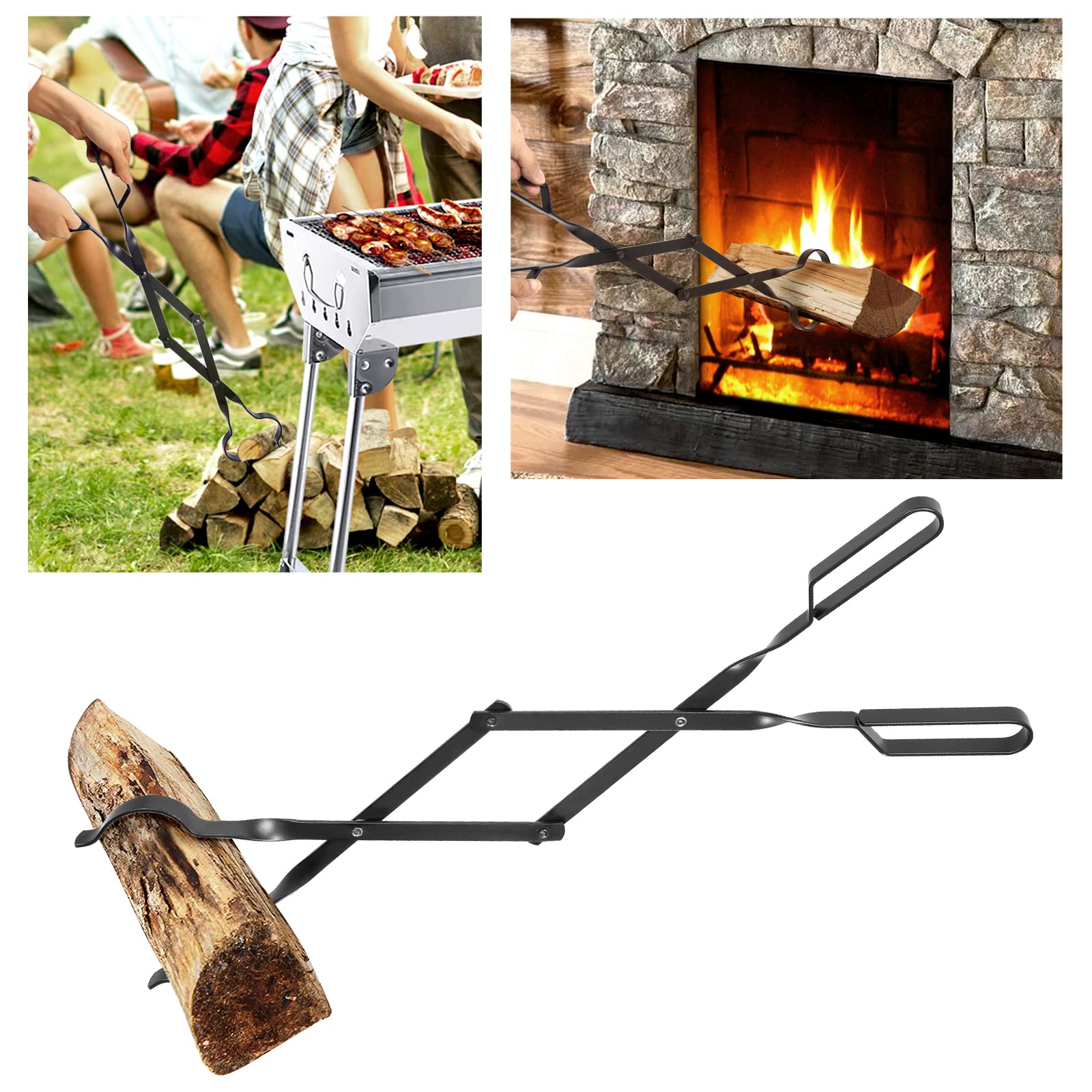 26" Fireplace Tongs, Uten Fire Pit Accessories for Outside, Firewood Tongs, Heavy Duty Wrought Iron Fire Pit FireTongs, Log Tweezers for Stove Camping Fire Pit Tools Indoor/Outdoor
