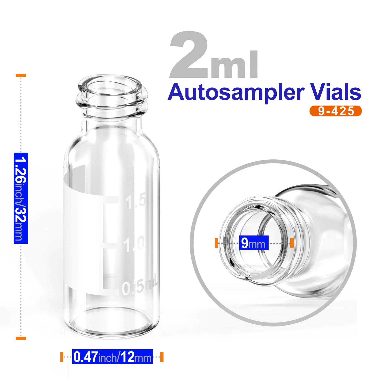 Autosampler Vials, 100 Pcs Sample Vials 2ml HPLC Vials 9-425 Vial Clear Glass Bottles with Write-on Spot and Graduations and 100 Pcs 9mm Blue ABS Screw Caps by Ks-Tek