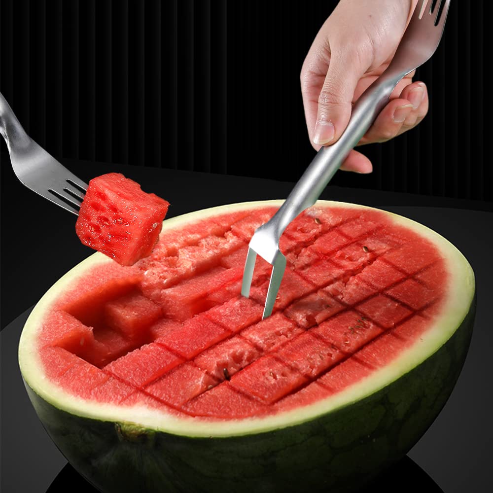 2-in-1 Stainless Steel Fruit Cutter, Upgrade Watermelon Fork Slicer Cutter Slicer Tool, Dual Head Fruit Forks Slicer Knife for Home Parties Camping (2Pcs)