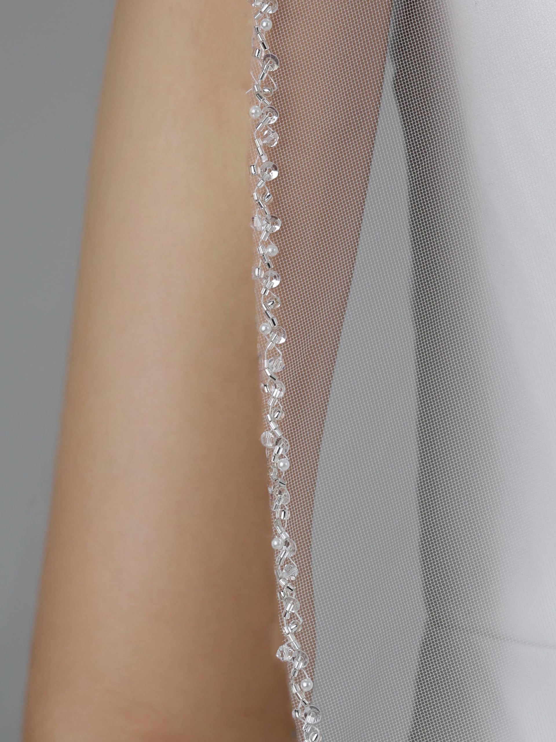 1T 1 Tier Crystals Pearls Beaded Wedding Veil (Elbow Length 30" Ivory)