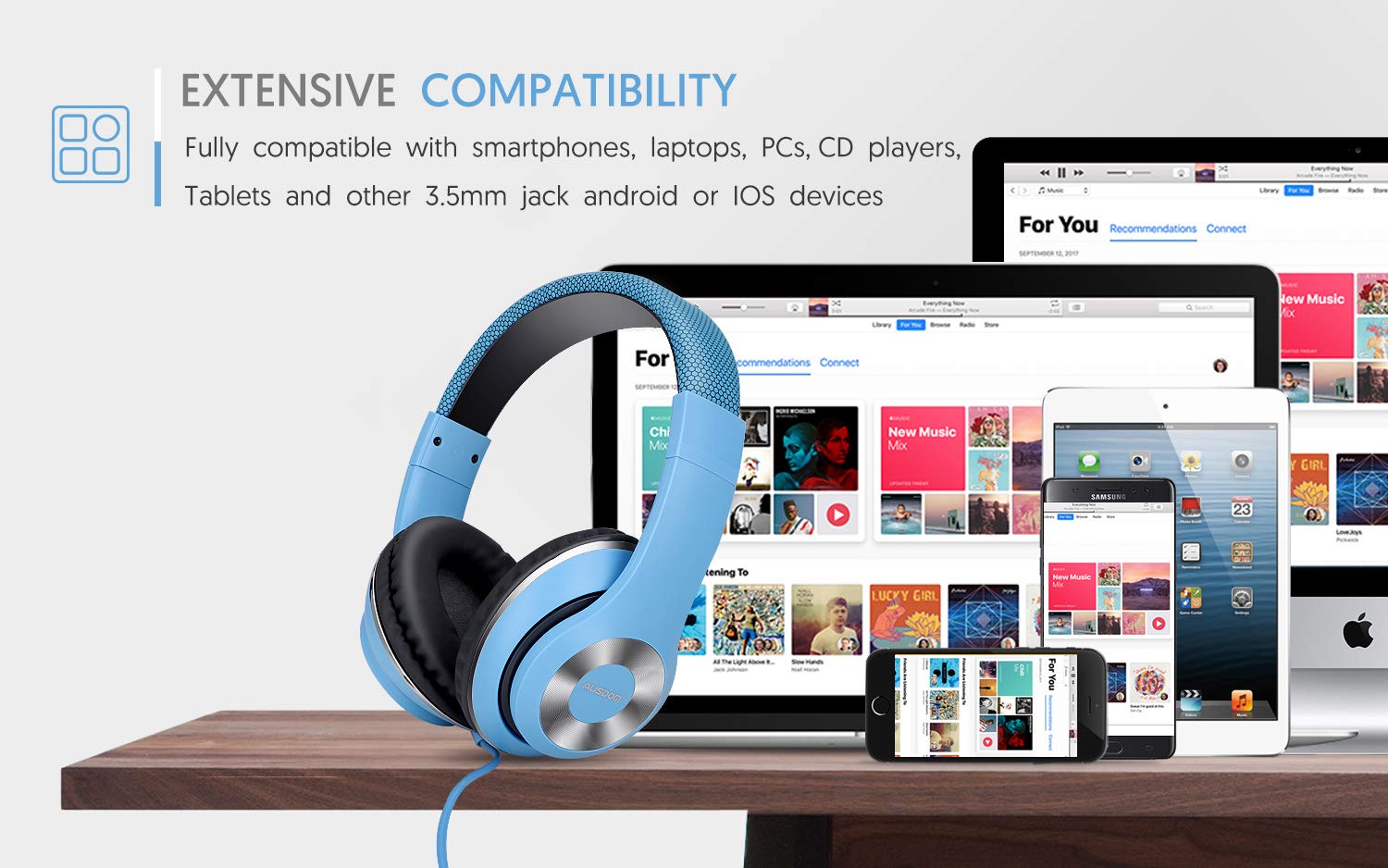 AUSDOM Lightweight Over-Ear Wired HiFi Stereo Headphones with Built-in Mic Comfortable Leather Earphones- Blue