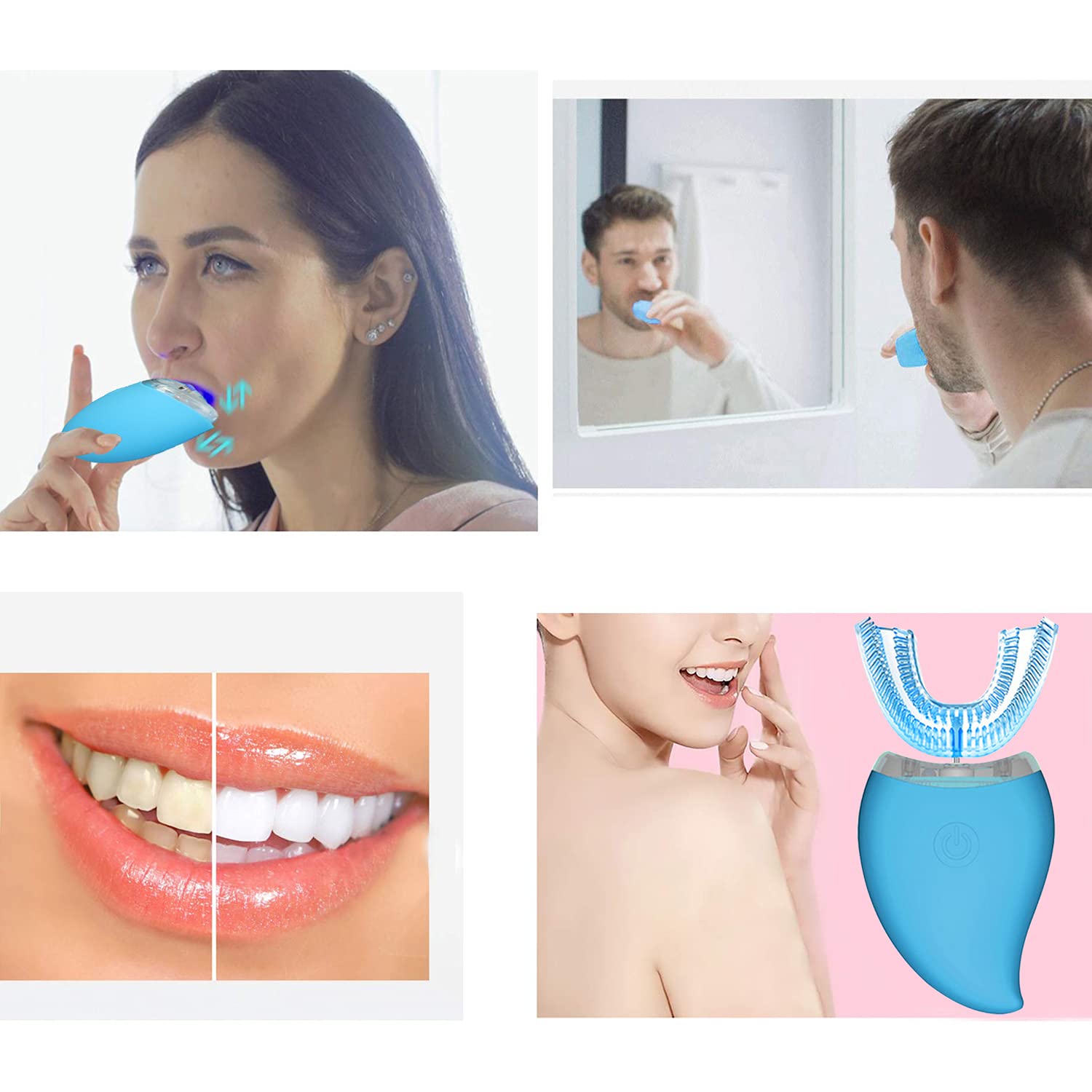 BESUNTEK 360°Ultrasonic Electric Toothbrush Sonic Toothbrush for Adults,Waterproof Washable and Reusable Sonic Automatic Toothbrush with U-Shaped Silicone Toothbrush Head (Blue)
