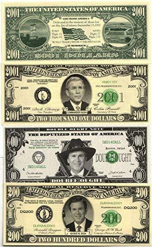 2001 3 DIFF GEORGE W. BUSH FUNNY MONEY BILLS incl XXX-RARE $200 SPENT at DAIRY QUEEN! Crisp Uncirculated