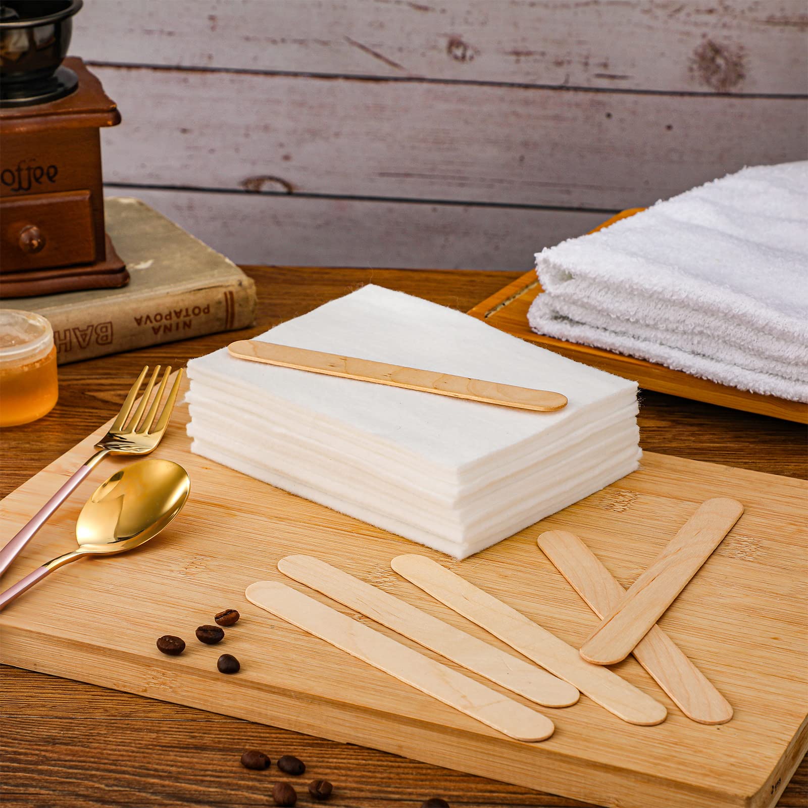 27 Pieces Wood Wax Applicator, Includes 15 White Non-Woven Pads 2 Terry Cloth Buffing Towels and 10 Stirring Sticks for Polishing Cutting Board and Multi Purpose Use in Home