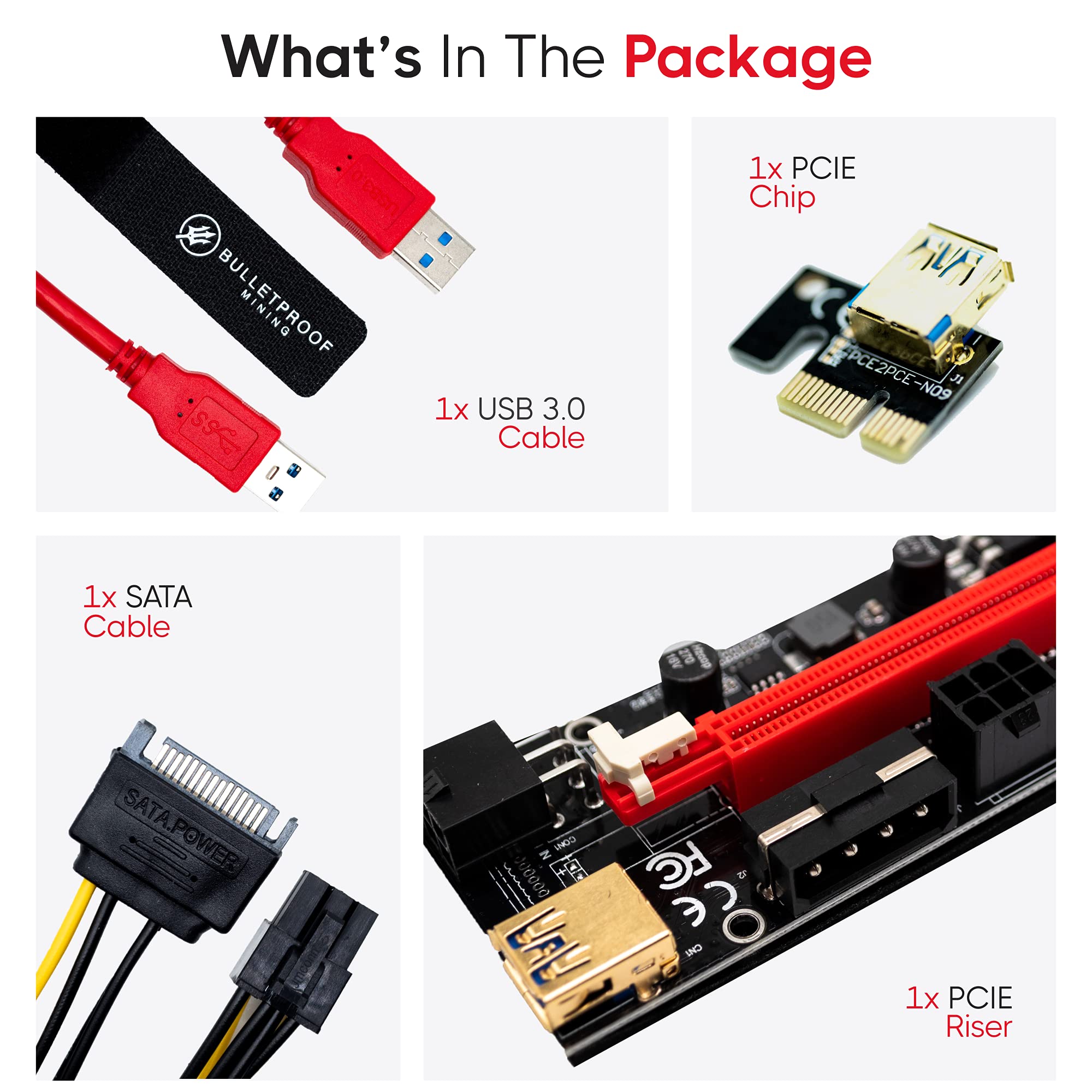 BulletProof Mining Graphics Card PCIe Riser VER 009S 16x to 1x Powered Riser Adapter Card w/ USB 3.0 Extension Cable & 6-Pin PCI-E to SATA Power Cable | Bitcoin | Ethereum Mining