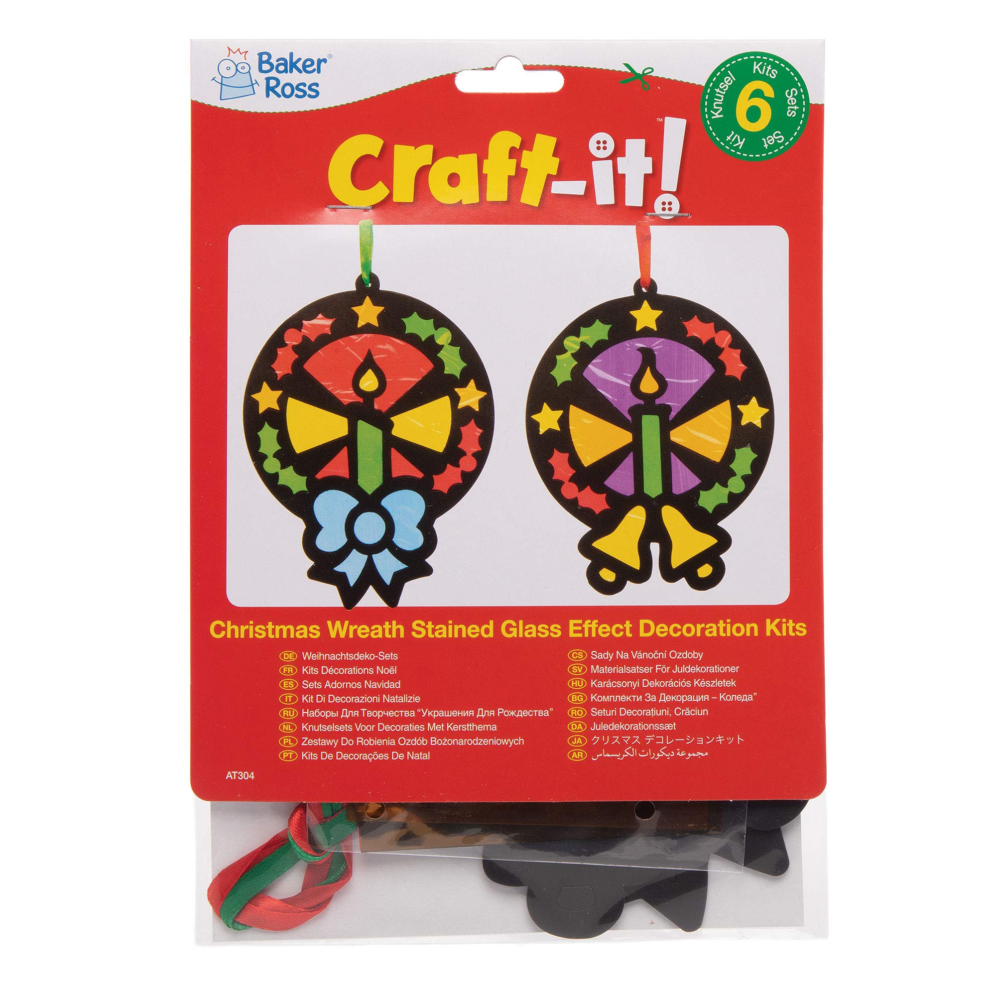 Baker Ross AT304 Christmas Wreath - Pack Of 6, Stained Glass Ornament Kits, Festive Arts And Crafts, Assorted