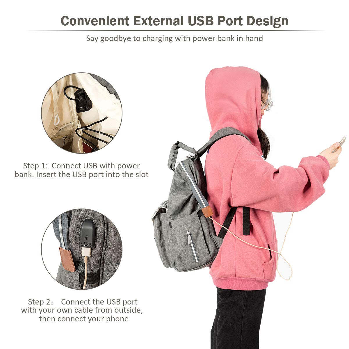 BABY JOY Diaper Bag Backpack, Waterproof Stylish Multifunction Large Capacity Travel Back Pack, Maternity Nappy Bag for Baby Care W/Stroller Straps, Changing Pad, Built-in USB Charging Port, Gray